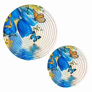 Kigai Blue Tulips with Mimosa and Butterfly Round Pot Holders Trivets Set 2 Pcs, 100% Cotton Thread Weave Trivets for Hot Dishes,Pot,Bowl,Teapot,Plates