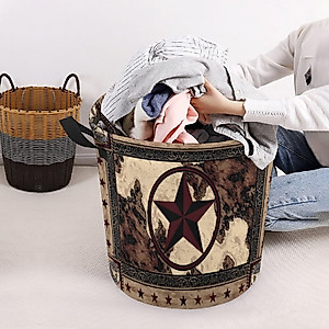 Rustic Western Country Texas Star Cowboy Cowgirl Round Laundry Hamper Storage Basket Waterproof Coating Organizer Bin For Clothes Toys
