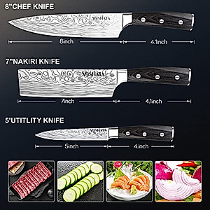 MOSFiATA Professional Chef Knife Set with German High Carbon Stainless Steel Kitchen Knife Set 3 PCS-8" Chefs Knife &7" Nakiri Knife&5" Utility Knife, Knives Set for Kitchen with Gift Box
