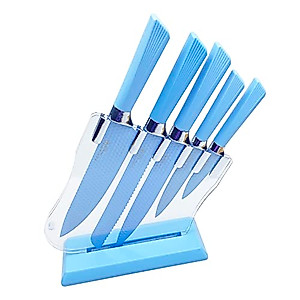 GRUB'S UP 6 Pieces Stainless Steel Blue Kitchen Knife Set, with PP Handle and ABS Knife Holder, Chef Knife/Bread Knife/Cleaver/Fruit Knife/Multi-Purpose Knife Set