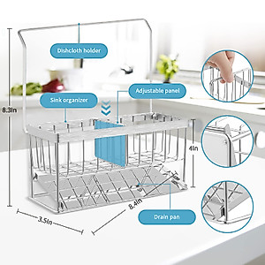 iBigLY Sponge Holder Kitchen Sink Caddy Organizer, 304 Stainless Steel Kitchen Soap Dispenser Caddy Organizer with Auto Drain Tray, Sink Rack for Kitchen & Bathroom Holding Sponge and Towel (Silver)