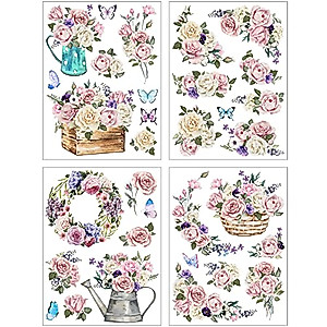 4 Sheets Rub on Transfers 16 x 12 Inches Sunflower Rose Eucalyptus Furniture Rub on Transfers Stickers for Crafts Wood Furniture Fabric Journal Envelope Scrapbooking (Rose Style)