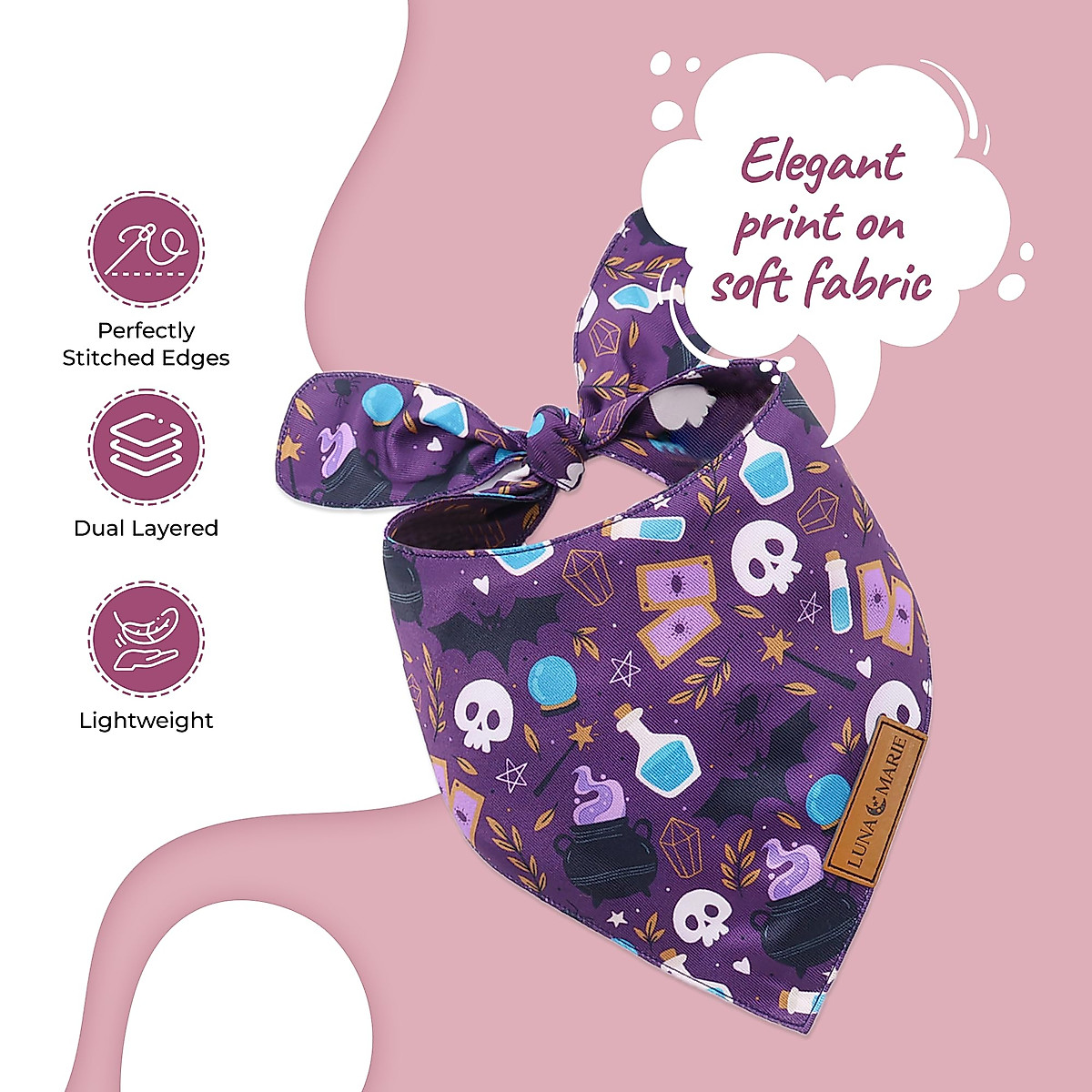 LunaMarie - Luxury Pet Birthday Bandanas -Premium & Silky Poly Fabric | 100% Handmade | Custom Shape Dual Layered (Bewitched, Large)