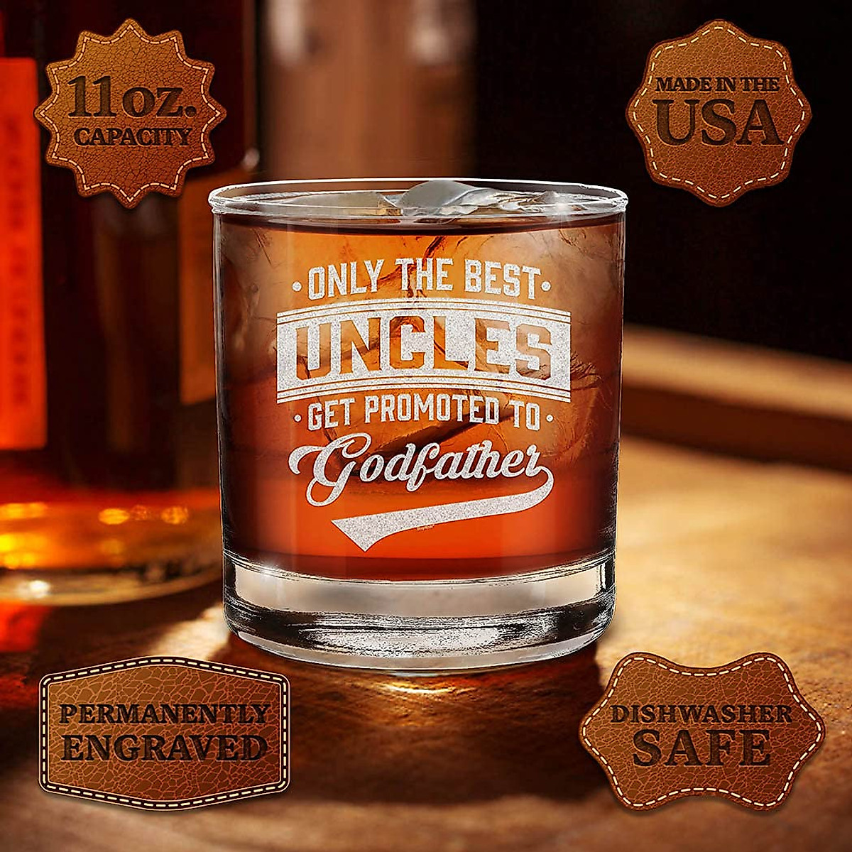 shop4ever Only The Best Uncles Get Promoted To Godfather Varsity Pregnancy Announcement Engraved Whiskey Glass (11 oz.)