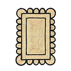 Shiv Shakti Exports Natural Jute Scalloped Rug Bohemian Rug Decor Rug Handwoven Rug Custom Rug Decorative Rug (Black Trim 2'x3' Ft / 61x92 Cm)