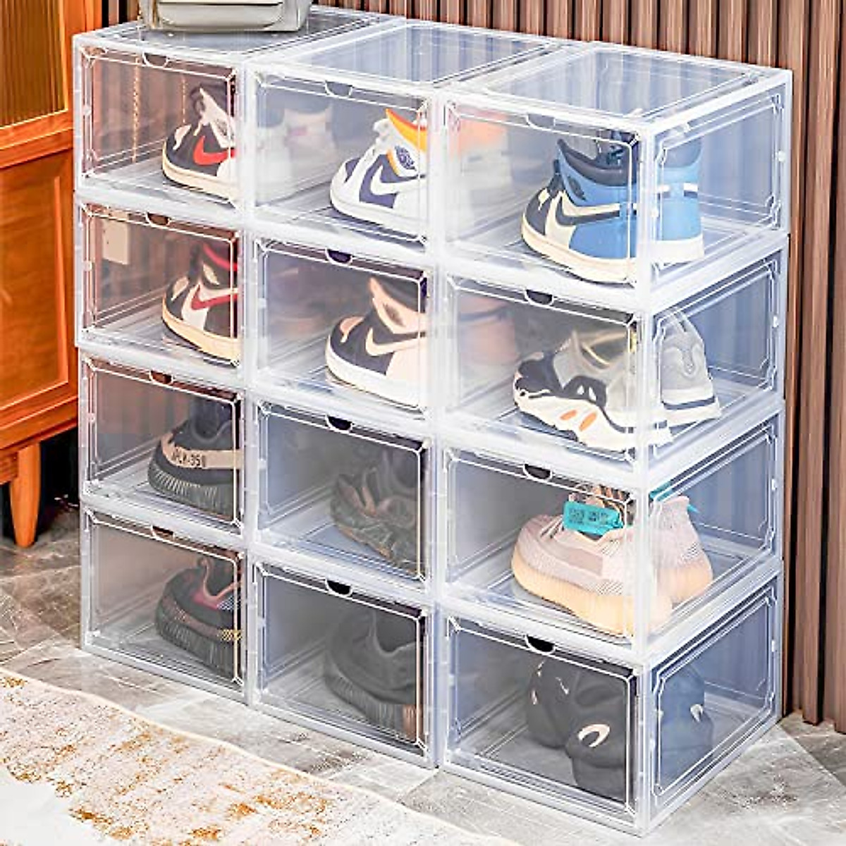 AOSOK Shoe Storage Boxes, 6-Pack Shoe Organizer Clear Plastic Stackable Shoe Containers for Closet, Assemblable Storage Bins Sneaker Storage, Plastic Shoe Boxes With Lids 15.35x7.48x6.88