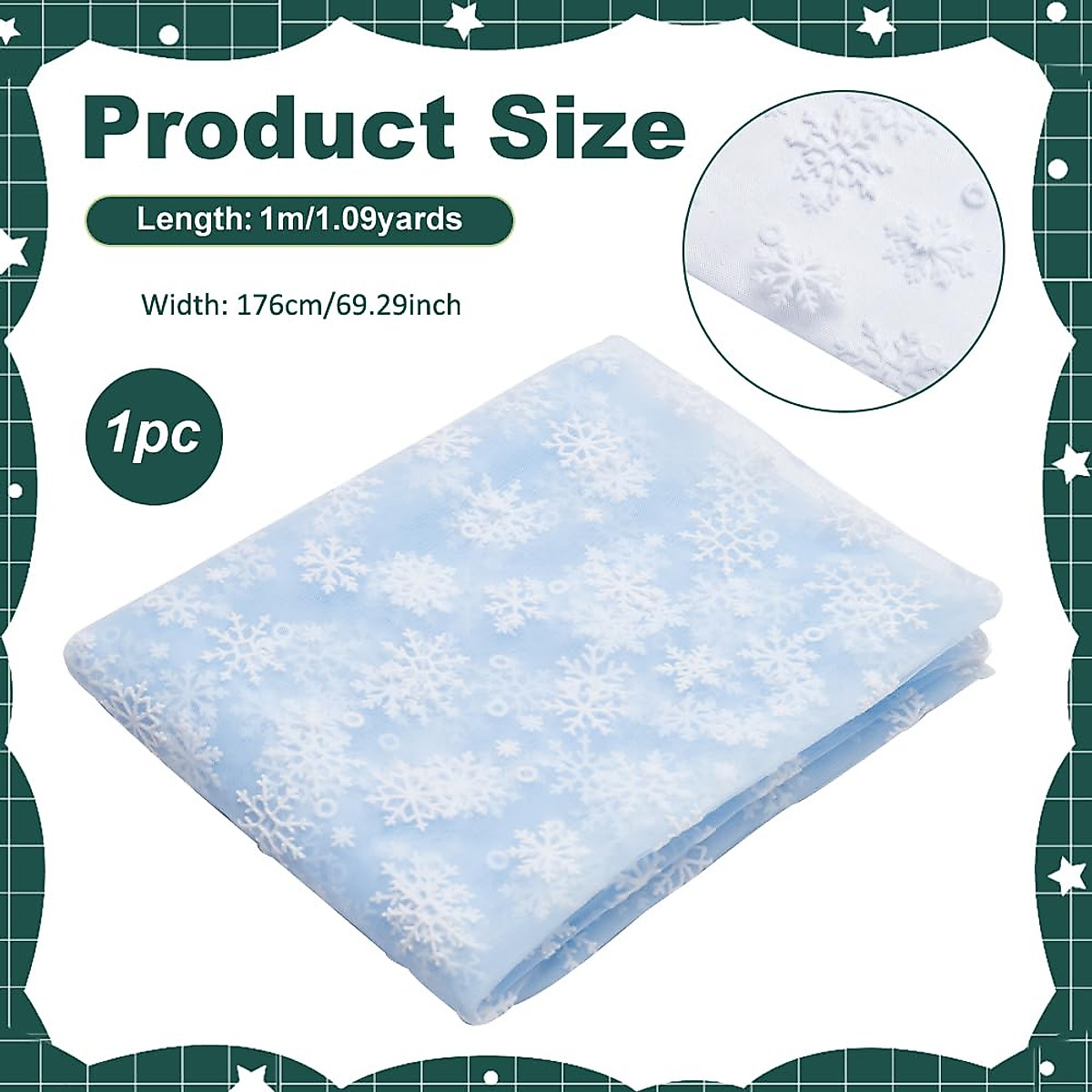 BENECREAT 1.09 Yard Snowflake Tulle Fabric, 69inch Light Blue Sheer Organza Fabric with Velvet Snowflake Pattern for Garment Accessorie, Veils Dress, Curtain Home Christmas Decorations