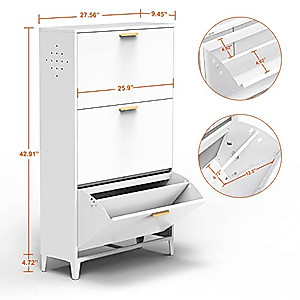 WIILAYOK Shoe Cabinet, Freestanding/Wall Mounted Shoe Storage Cabinet Organizer with 3 Flip Drawers and Internal Adjustable Shelves, Metal Shoe Rack Cabinet for Entryway, Hallways, Closet (White)