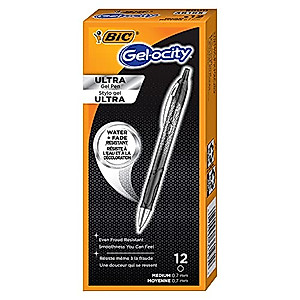 BIC Gel-Ocity Ultra Gel Pens, Medium Point Retracable (0.7mm), Black Ink Gel Pen, 12-Count