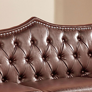 Modern PU Tufted Couch 3 Seater with Rolled Arms and Nailhead, Deep Button Nailhead Tufted Black Upholstered Couches, Roll Arm Classic Tufted Chesterfield Settee Leather Sofa for Living Room (Brown)