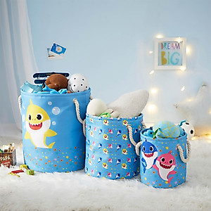 Idea Nuova Baby Shark 3 Piece Multi Size Fabric Nestable Toy Storage Basket Set, with Rope Carry Handles