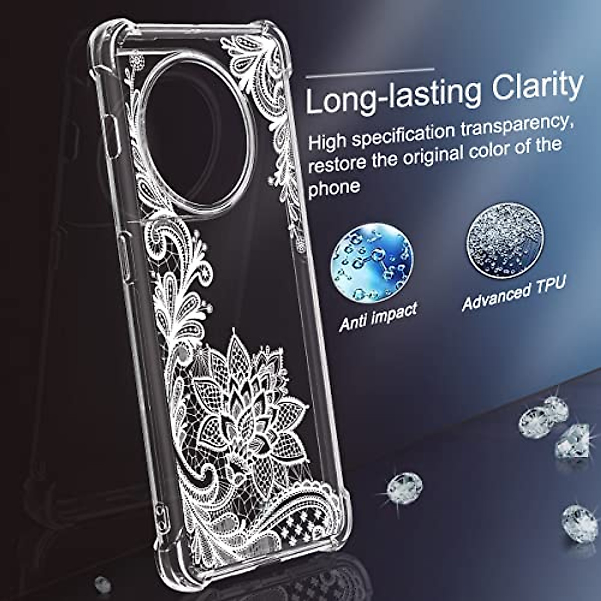 Osophter for Oneplus 11 Case Women Girls Flower Floral Shock-Absorption Flexible TPU Rubber Phone Cover for Oneplus 11 5G(White Lace)