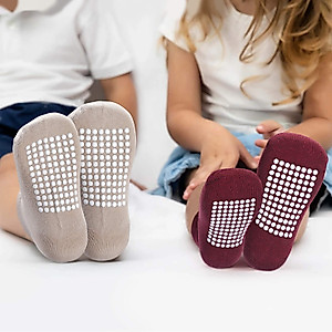 JAKIDAR 12 Pairs Baby Socks Cotton Crew Toddler Socks Grips Non Slip Bottom Kids Socks, Brown 12-24M