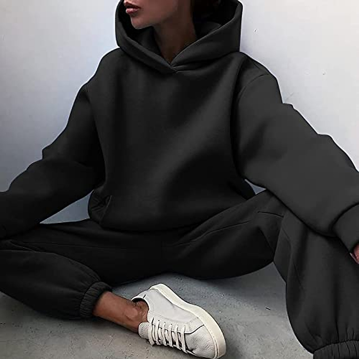 Hemlock Women 2 Piece Outfit Set Solid Color Tracksuit Fall Winter Sweatsuit Women Tops Hood Pullover Long Pants Lounge Wear