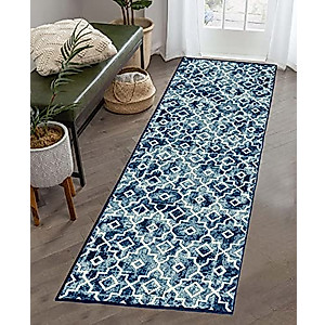 Moroccan Hallway Runner Rug,2'X 6' Distressed Washable Area Rug Peacock Blue Non-Slip Kitchen Mat Faux Wool Low-Pile Floor Carpet for Kitchen Laundry Bedroom Bathroom Living Room