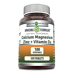 Amazing Formulas Calcium Magnesium Zinc D3 - 300 Tablets Per Bottle Supplement (Calcium 1000mg - Magnesium 400mg - Zinc 25mg Plus Vitamin D3 600 IU - Per Serving of 3 Tablets)