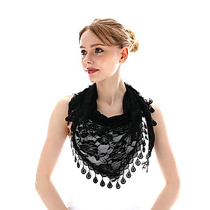 LMVERNA Lace Tassel Sheer Floral Triangle Mantilla Scarf Printed Silk Soft Shawl Scarf (Black)