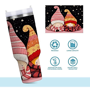 Jihqo Night Sleeping Gnomes 40 oz Stainless Steel Vacuum Insulated Tumbler with Handle and Straw Lid, Leakproof Water Bottle Double Wall Travel Mug Coffee Cup, Cupholder Friendly