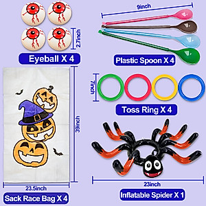 17 Pcs Halloween Party Games, 4 Potato Sack Race Bags, Inflatable Spider Ring Toss Game, 4 Eyeballs and Spoon Race Game for Kids Family Adults 4 Players Halloween Party Favor Decor Outdoor Indoor Yard