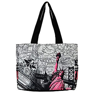 Robin Ruth Statue of Liberty NY Skyline Canvas Tote Shoulder Bag Black/Fuschia