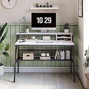 CubiCubi Computer Desk with 2 Storage Drawers, Home Office Writing Desk, Study Table for Small Space, (White, Storage Shelves)