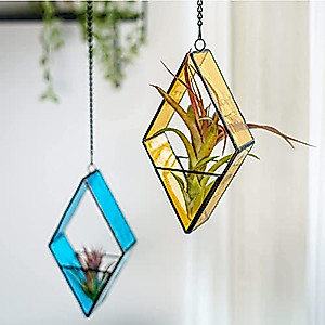 Stained Glass Terrariums Hanging, 2 Packs Geometric Window Planters with Chain for Windowsill Decor Small Succulent Tillandsia Glass Container Terrarium Minimalist Air Plant Holders