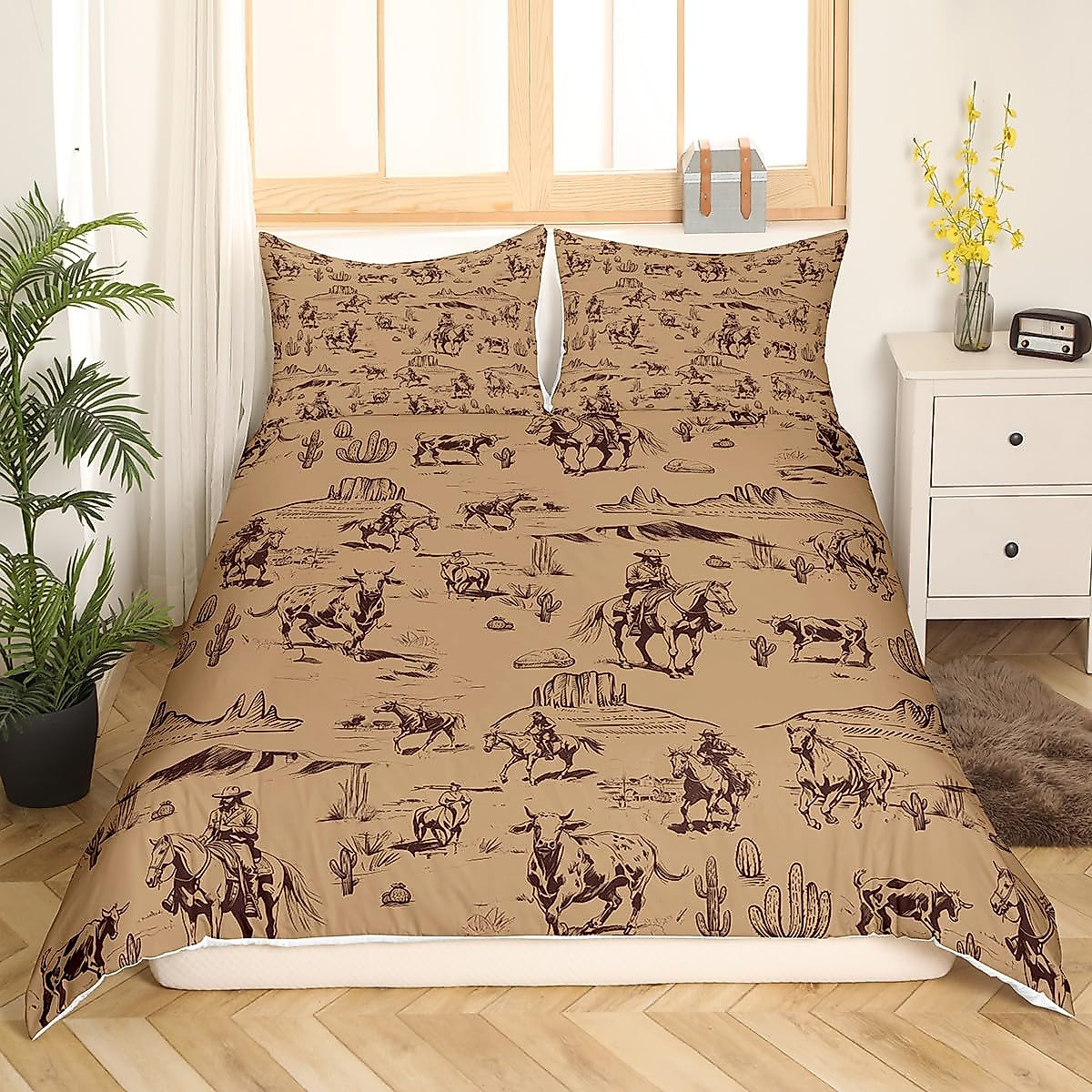 Kids Wild West Cowboy Bedding Set Full Size Western Decor Duvet Cover for Boys Girls Teens Bedroom Decor Rodeo Cowboy Style Comforter Cover Set Brown Bedspread Cover with 2 Pillow Case