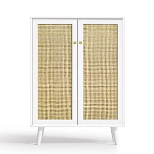 Anmytek Rattan Cabinet, 44" H Tall Sideboard Storage Cabinet with Crafted Rattan Front, Entryway Shoe Cabinet Wood 2 Door Accent Cabinet with Adjustable Shelves White, H0086