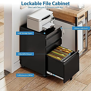 LISSIMO 3 Drawer Mobile File Cabinet with Lock,Under Desk Storage Cabinet for Home Office, Vertical Filing Cabinet Fits A4 or Letter Size (Unassembled, Black)