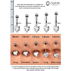 OUFER 14G Belly Rings, Long Belly Button Rings, G23 Solid Titanium Belly Piercing Jewelry, Heart Shaped Navel Piercing Jewelry, Belly Rings for Women Men-16mm
