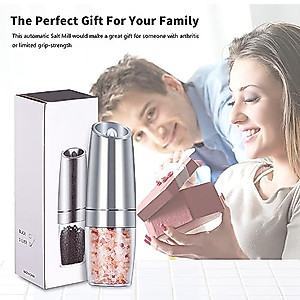 EasyCom Gravity Salt and Pepper Mill Set, Battery Powered with LED Light, Adjustable Coarseness, One Hand Automatic Pepper Mill for Kitchen and BBQ, 2 Pack, Silver