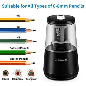 JARLINK Electric Pencil Sharpener, Classroom Pencil Sharpeners, Auto Stop for 6-8mm No.2/Colored Pencils, Electric Pencil Sharpener Plug in/USB/Battery Operated in School/Office/Home (Black)