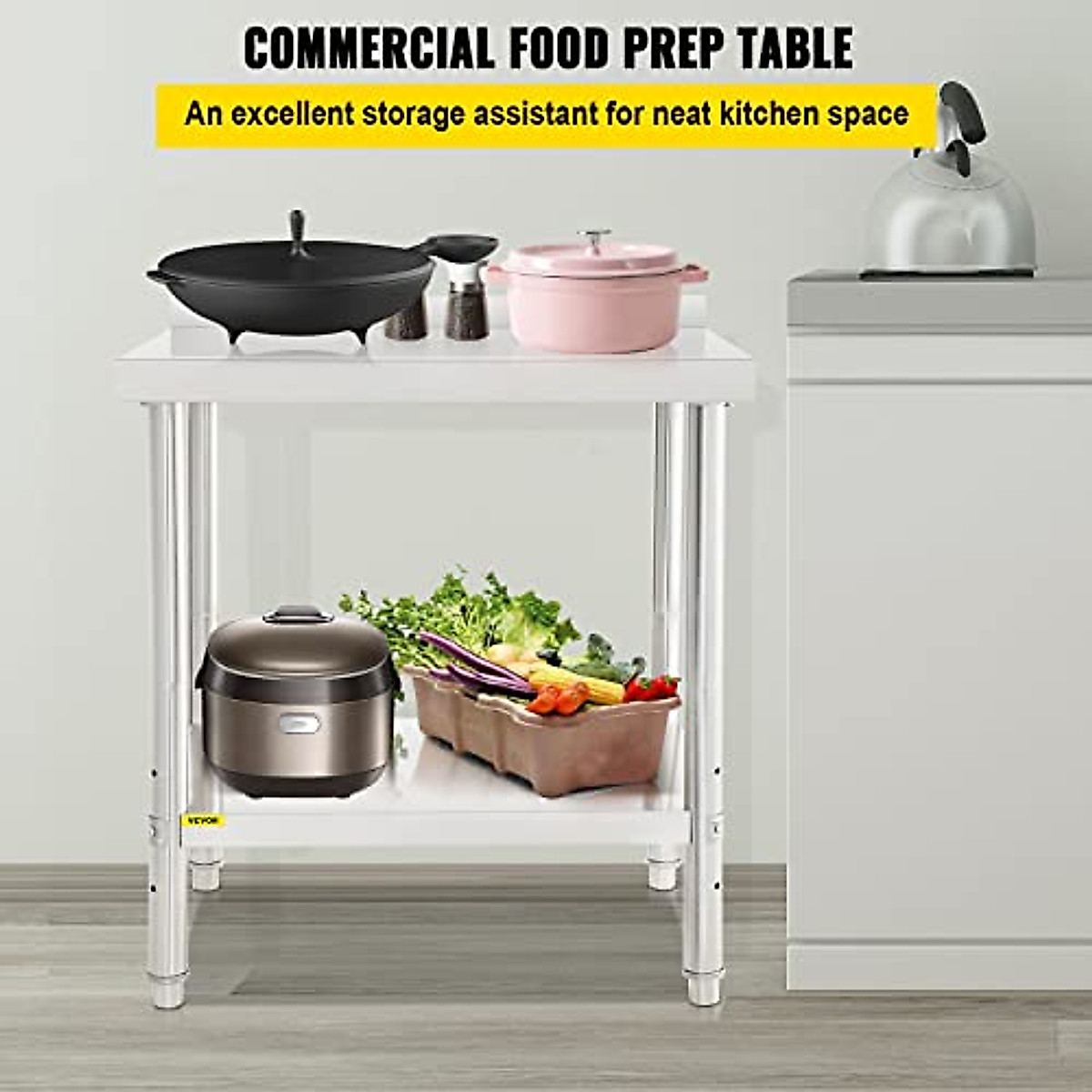 VEVOR Stainless Steel Prep Table, 30 x 24 x 35 Inch, 440lbs Load Capacity Metal Worktable with Backsplash and Adjustable Undershelf, Commercial Workstation for Kitchen Restaurant