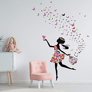 2 Sheets Flower Butterfly Girls Wall Decals for Bedroom Flower Fairy Wall Sticker and Murals Decorative Girl on Bicycle Girls Room Wall Stickers for Girls Kids Bedroom Birthday Party Favor