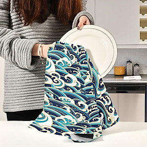 sletend Kitchen Towels or Tea Towels Japanese Style Sea Wave 28x18in Polyester Material Dish Towels or Dishcloths with Hanging Loop, Set of 1 Hand Towel for Dining Table Kitchen.