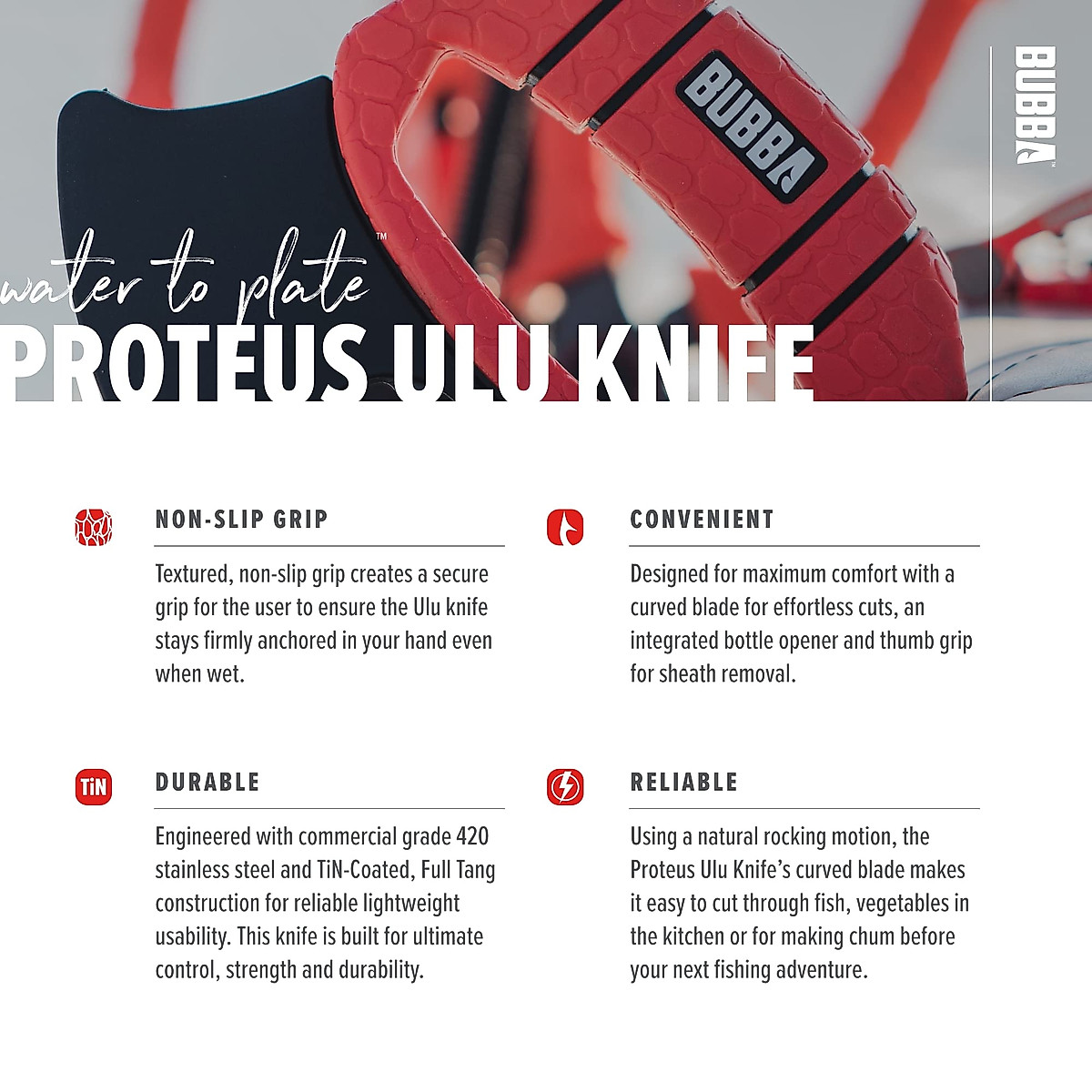 BUBBA ULU Knife with Non-Slip Grip Handle, Curved Blade, Integrated Bottle Opener and Sheath , Red