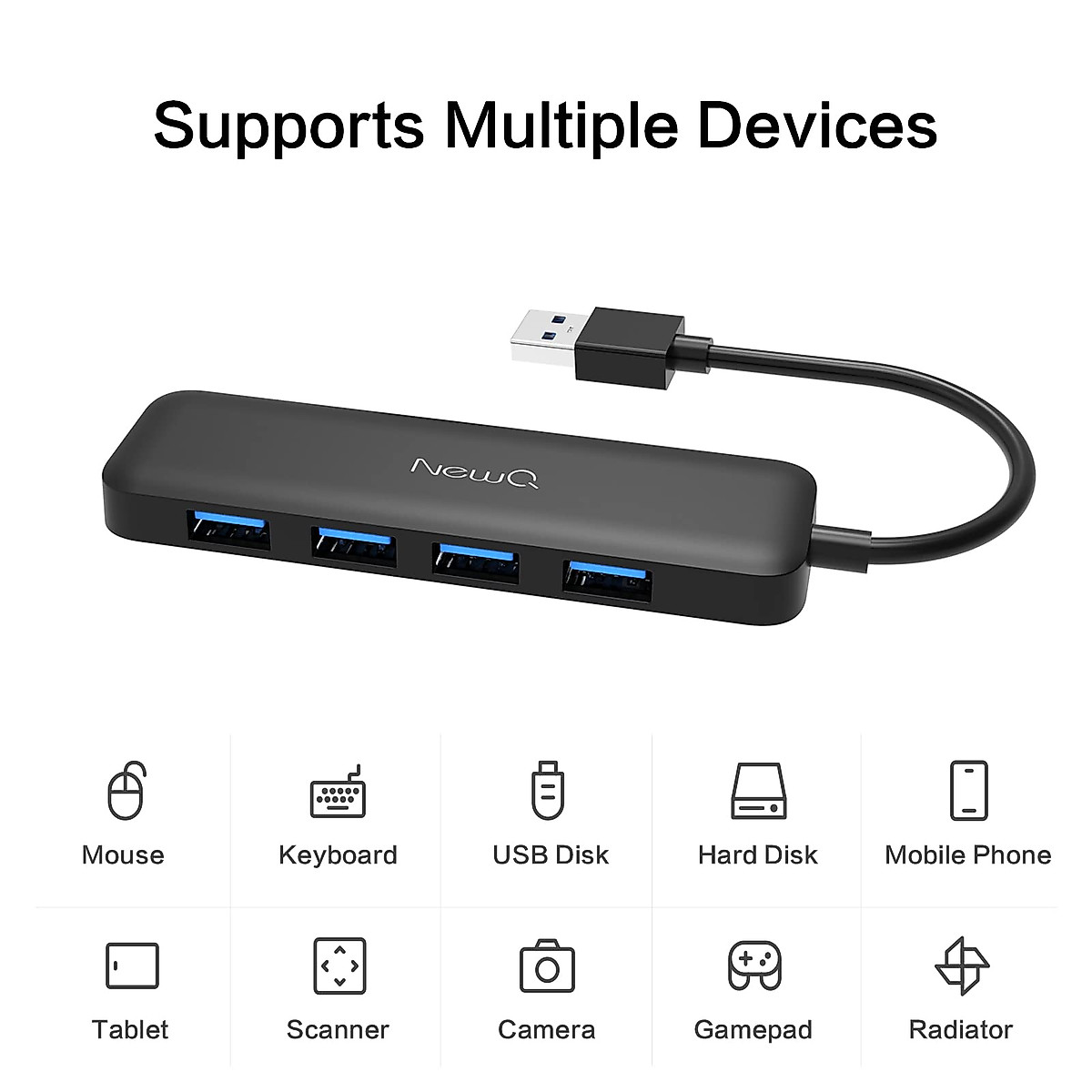 NewQ Small USB Hub for Laptop: 4 USB 3.0 Port Compact Size Mini USB Splitter, 5Gbps Ultra Slim Portable USB Adapter Compatible with MacOS/Windows, Xbox, Flash Drive, Mobile HDD, Keyboard, Mouse etc