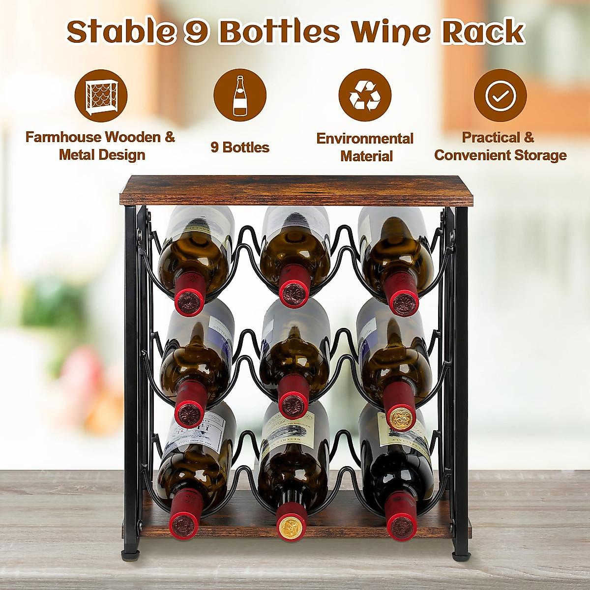 Brightever Wine Rack Countertop, Wood Wine Storage Cabinet Shelf, 3-Tier 9-Bottle Black Tabletop Wine Bottle Holder, Freestanding Wine Bottles Organizer, Wine Rack for Home Kitchen Pantry Bar