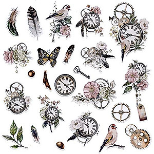 Watercolor Vintage Retro Flower Bird Clock Botanical Planner Stickers Decal, Decorative Scrapbooking Embellishment Supplies, Adhesive Art Craft Gift for Journal, Diary, Notebook, Calender, Card Making