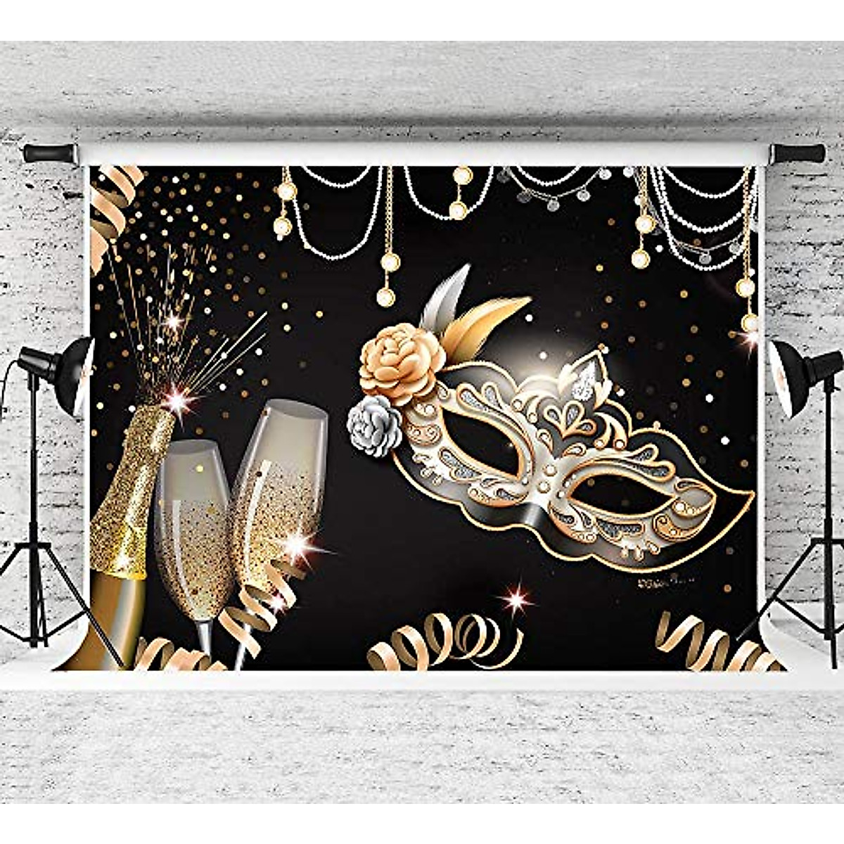 Masquerade Party Backdrops Retro Gold Black Mask Carnival Birthday Photography Backdrop 7x5ft Vinyl Fiesta Mardi Gras Dance Photo Background Champagne Glass Photo Booths Props Decorations