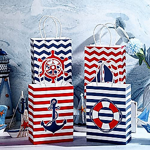 Nezyo 24 Pcs Nautical Party Paper Bags Nautical Gift Bags with Handles Nautical Candy Bags Marine Anchors Goody Treat Bags for Nautical Themed Birthday Party Supplies