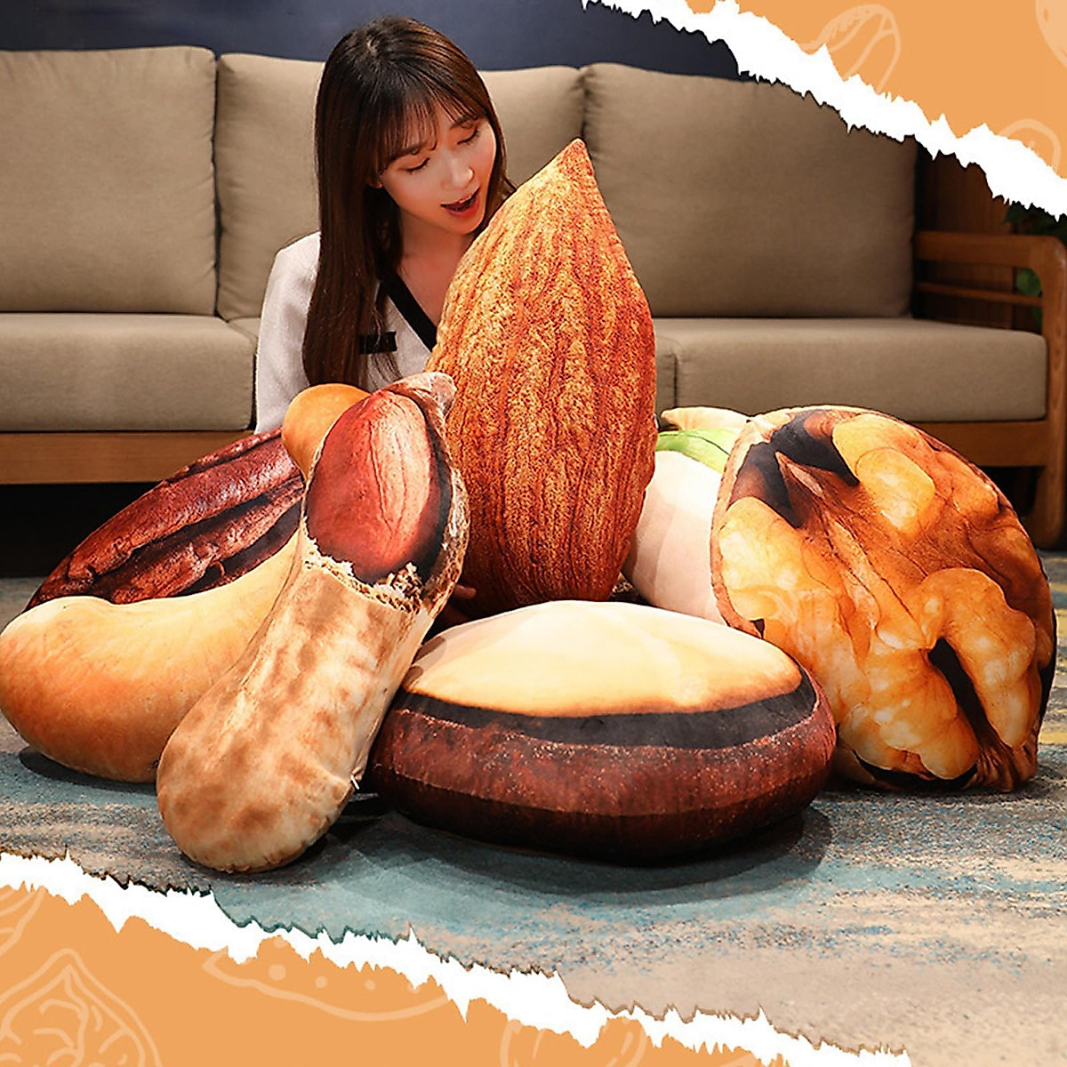 Whlo4U Simulation Almond Plush Pillow, Almond Stuffed Plush Throw Pillow, Home Sofa Decoration, Birthday Christmas Funny Gift for Kids Adults