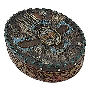 Ebros Gift Rustic Western Old World Country Blue Cross with Concho and Nailheads in Faux Distressed Wood Finish with Floral Patterns (Tumbler Cup, Soap Dish and Toothbrush Holder Set of 3)