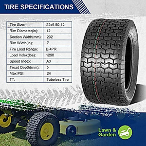 MaxAuto 22x9.5-12 22x9.5x12 Turf Tires for Lawn & Garden Mower 4 Ply, Set of 2
