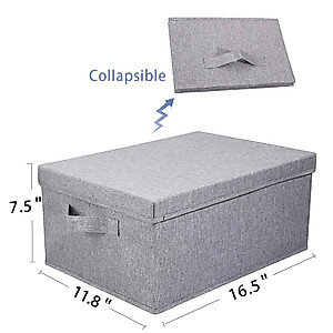 HOONEX Linen Foldable Storage Bins with Lids, 2 Pack, Storage Boxes with Carrying Handles and Study Heavy Cardboard, 16.5" L x 11.8" W x 7.5" H for Toy, Shoes, Books, Clothes, Nursery, Light Grey