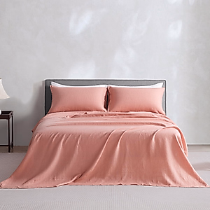 DAPU Pure Linen Sheets Set, 100% French Linen from Normandy, Breathable and Durable for Hot Sleepers, 4 Pcs Set - 1 Flat Sheet, 1 Fitted Sheet, 2 Pillowcases (Pink Clay, King)