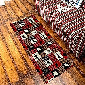 Kitchen Floor Door Mat,Christmas Red and Black Buffalo Check Plaid Bear Elk Wolf Tree Non Slip Kitchen Mats PVC Rugs for Bathroom,Floor Home,Office,Sink,Laundry,18"x47"