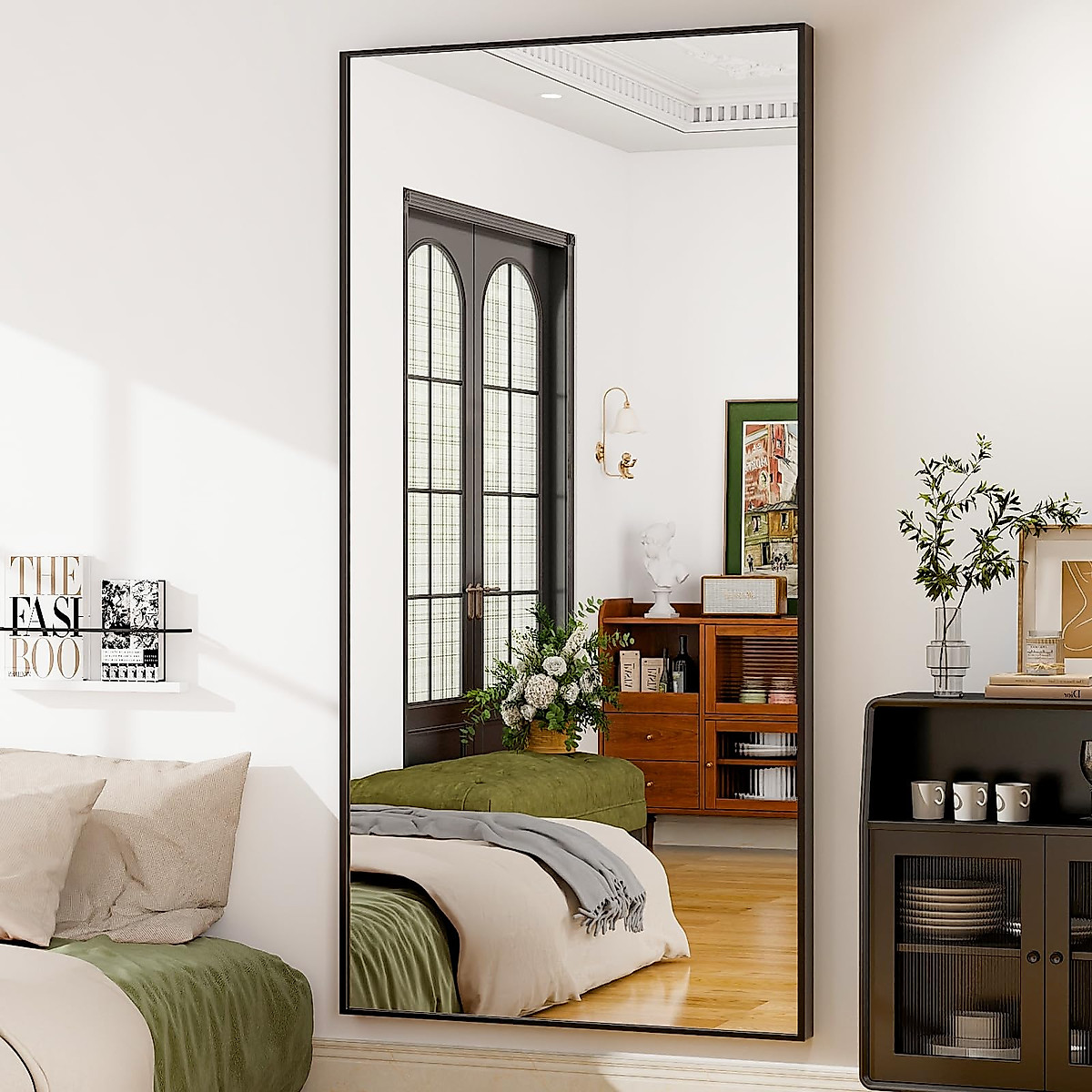 GLSLAND 76"x34" Full Length Mirror Extra Large Hanging or Leaning Rectangle Mirror Aluminum Alloy Thin Frame Bedroom Floor Dressing,Black