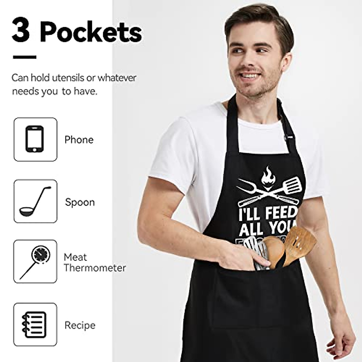 NLUS Funny Apron for Men, Funny Gifts for Dad Christmas Gift Grilling Cooking Chef Apron with 3 Pockets for Dad Husband