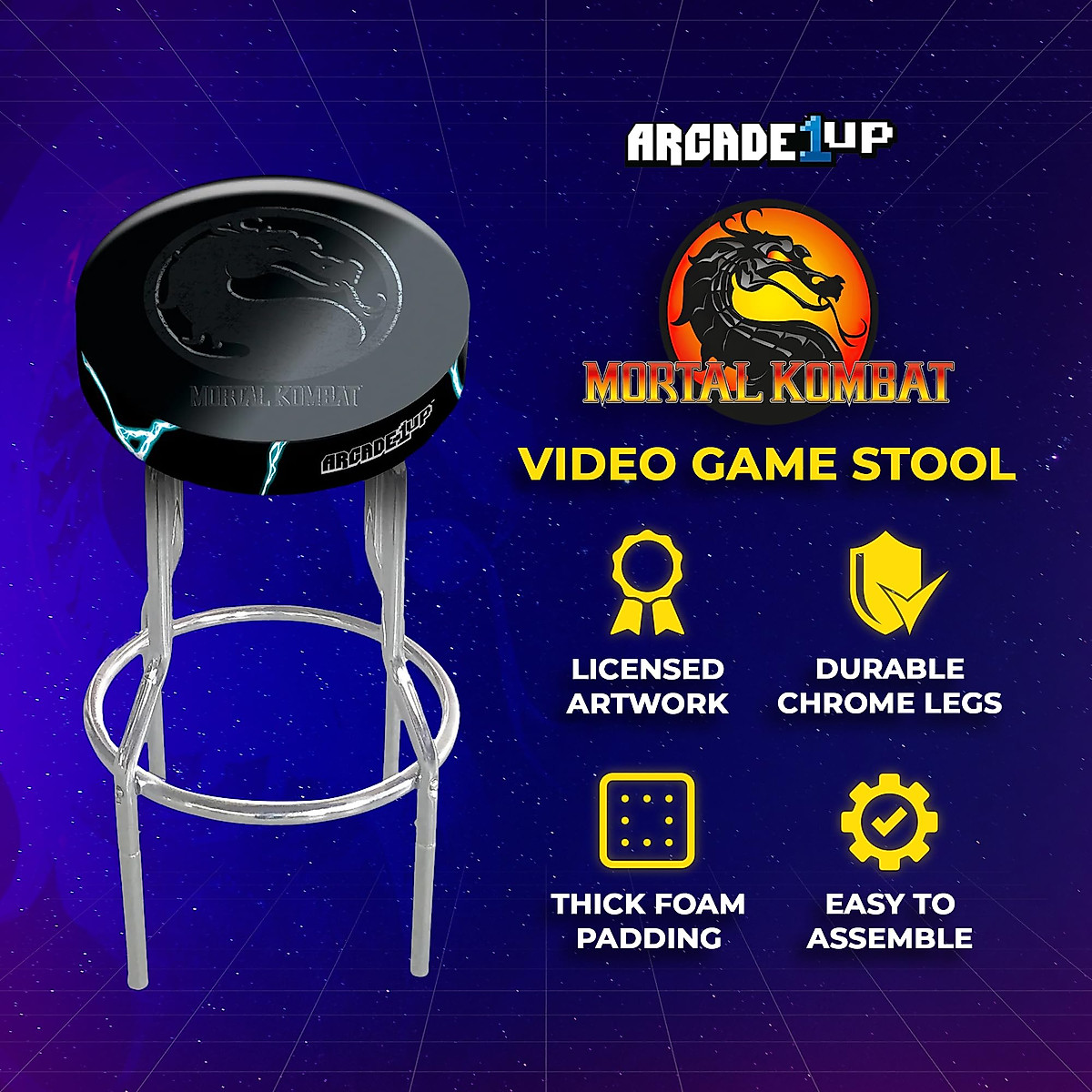 Arcade1Up Adjustable Padded Arcade Game Stool, Steel Frame, Midway Legacy, 21.5" to 29.5"